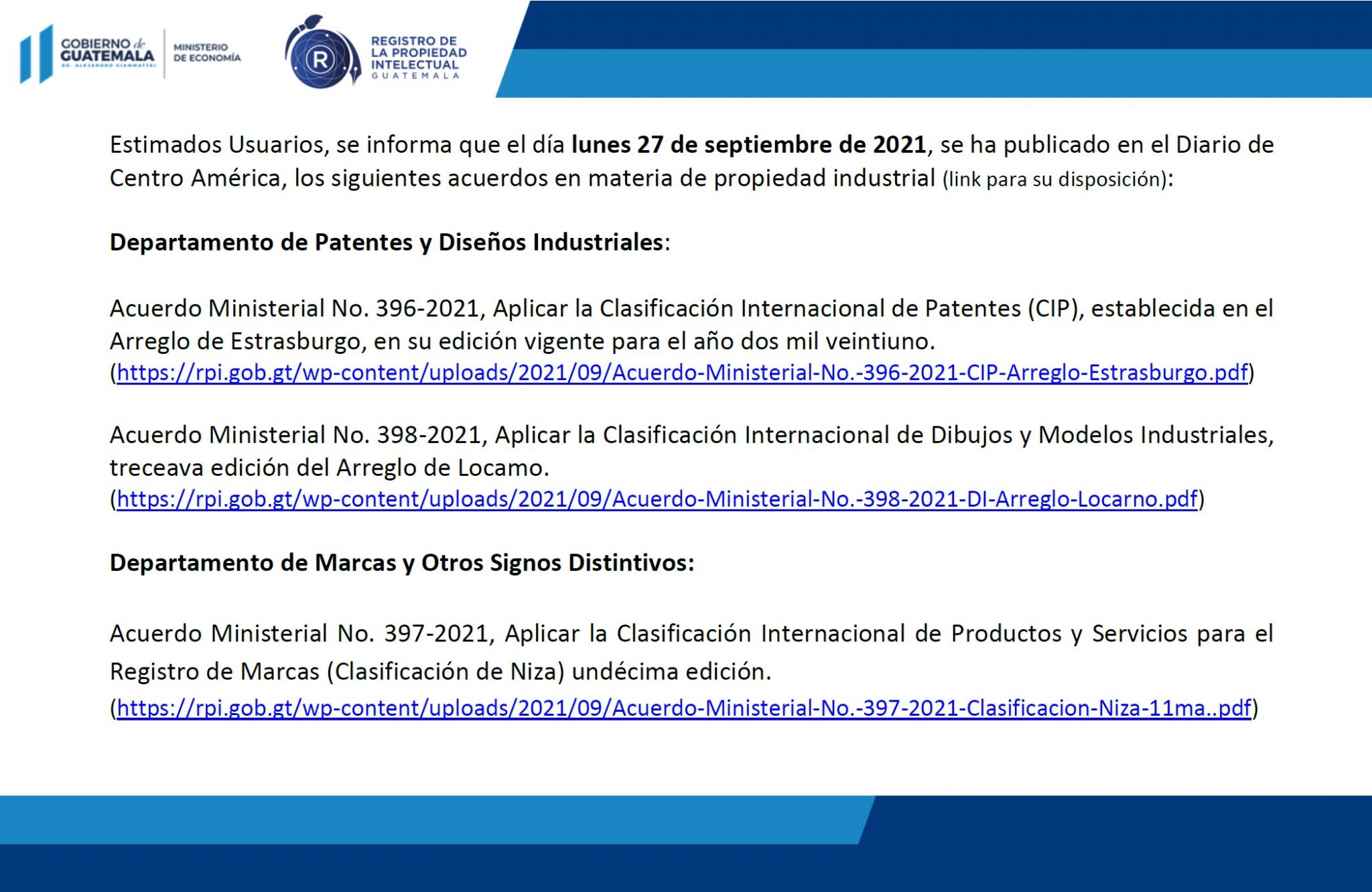 Publicación de Acuerdos Ministeriales relativos a Patentes y Diseños ...